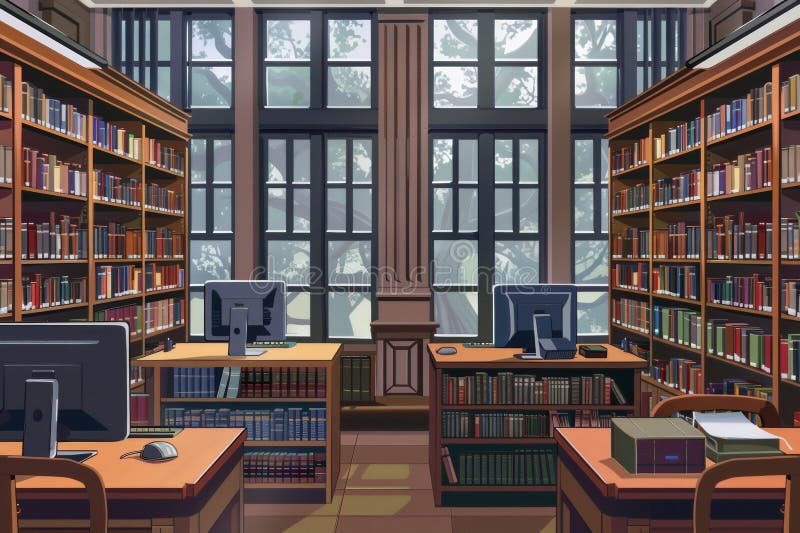 A Digital Illustration of a Modern Student Library with Bookshelves and ...