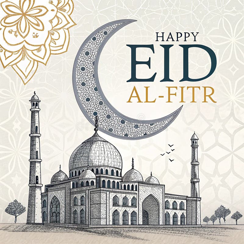 Digital Illustration of Mosque with Eid Al-Fitr Theme Stock ...