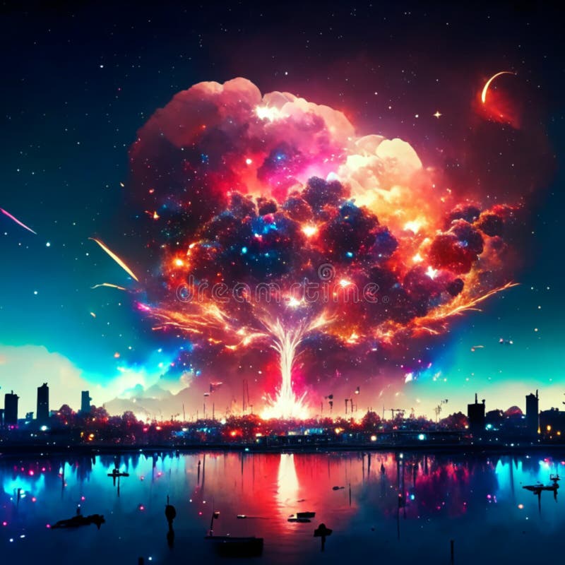 Digital Illustration of a Nuclear Explosion in the Night Sky with Water ...