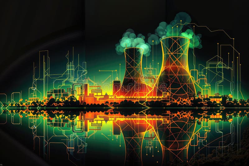 Digital Illustration: Nuclear Power Plant with City Lights As a ...