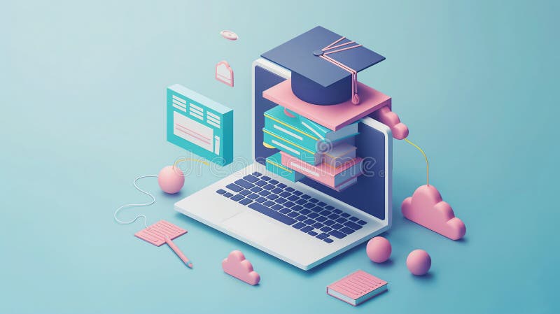 A Digital Illustration of Online Education with a Laptop, Graduation ...