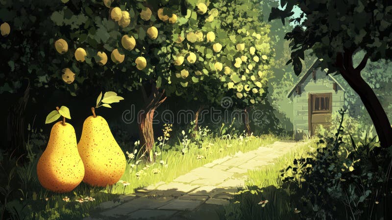 Digital Illustration of a Pear Orchard with Trees and Cottage Stock ...