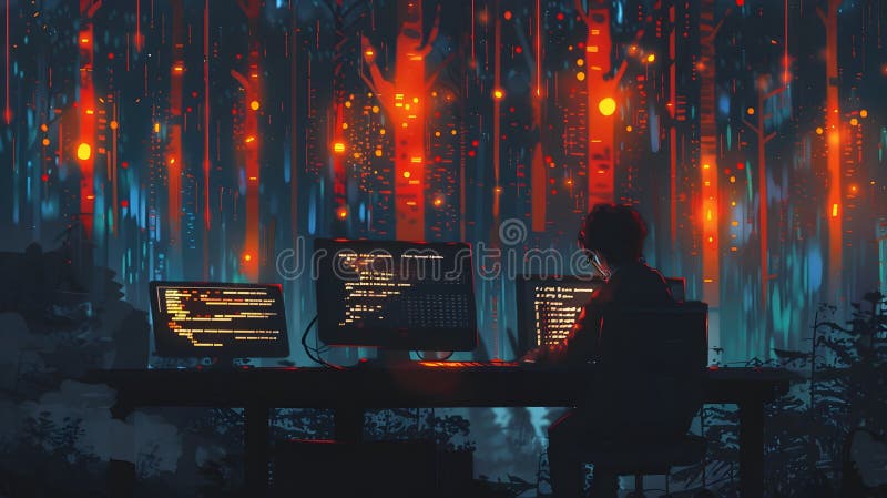 People Working at Computer Under Glowing Cityscapes in Futuristic ...