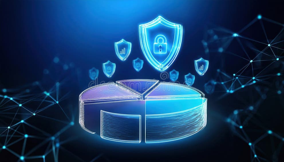 Digital Illustration of a Pie Chart Surrounded by Glowing Shields ...