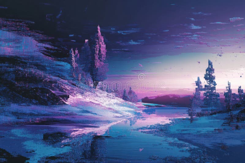 Glitchy Pixelated Landscape with Distorted Trees, Water, and Sky in ...