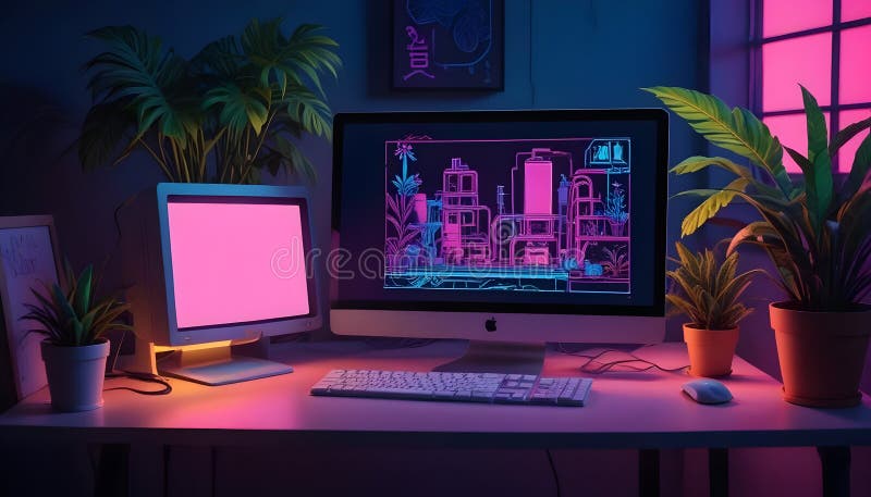 A Digital Illustration of a Retro-style Computer Desk. the Desk is ...