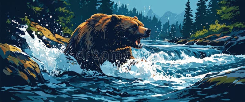 Digital Illustration of a Roaring Bear in a River Stock Photo - Image ...