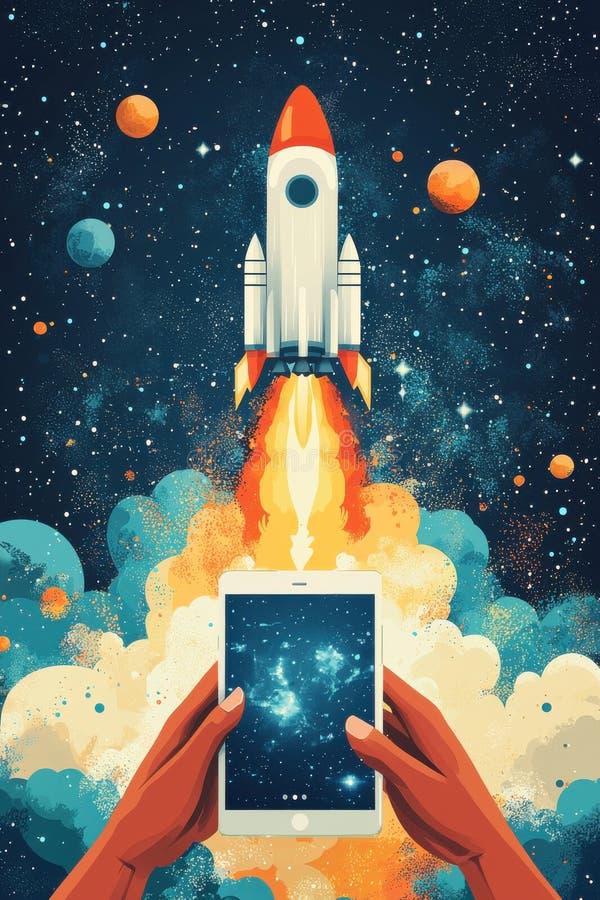 Digital Illustration of a Rocket Launching from within a Virtual Screen ...