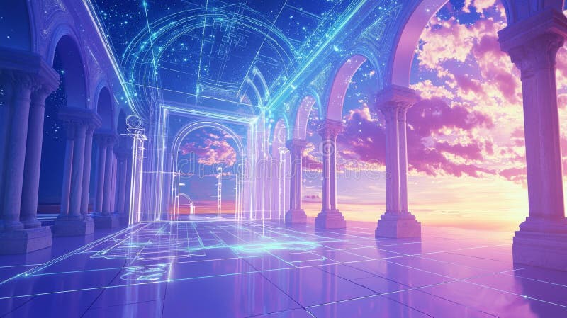 Digital Illustration of an 80s Style Space Landscape with Neon Galaxy ...