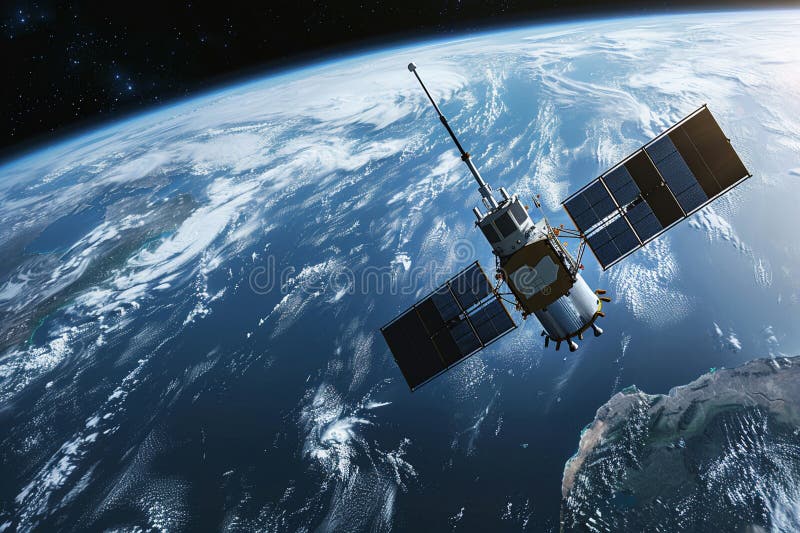 Digital Illustration Satellite Orbiting Earth, Advanced Space ...