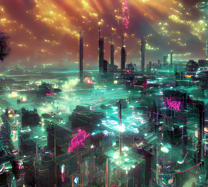 Digital Illustration of a Sci-fi Cityscape with Futuristic Buildings ...