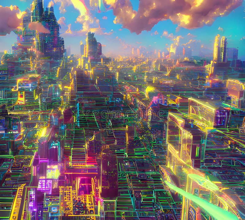 Digital Illustration of a Sci-fi Cityscape with Futuristic Buildings ...