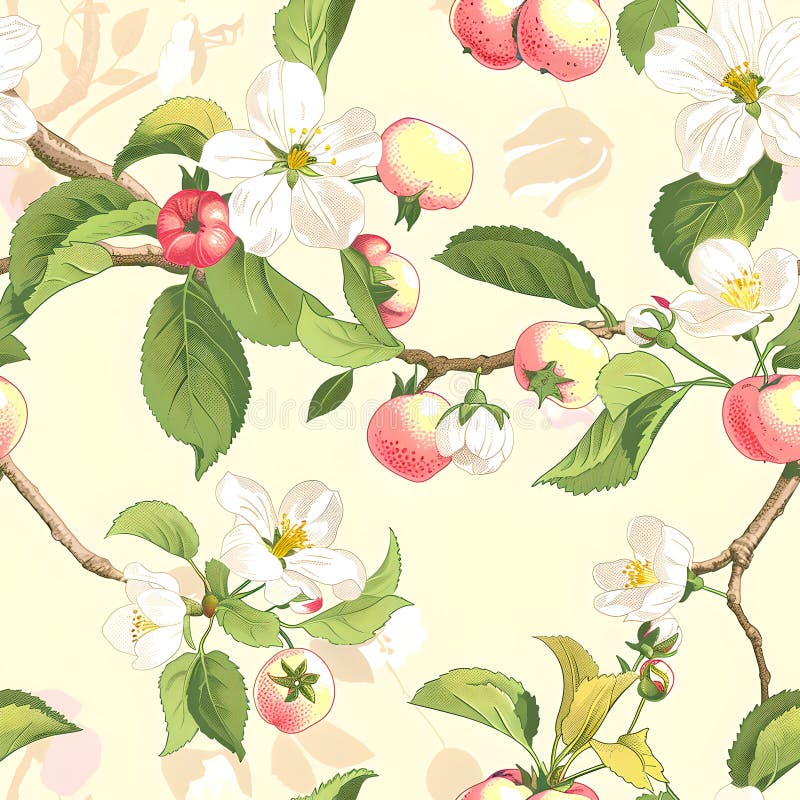 Seamless Floral Pattern with Blooming Apple Blossoms and Leaves ...