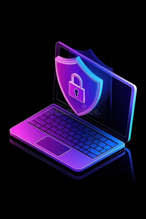 Digital Illustration of Secure Laptop with Glowing Shield Icon Stock ...