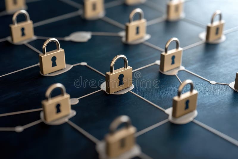 Digital Illustration of Secured Network with Locks and Nodes in 3D ...