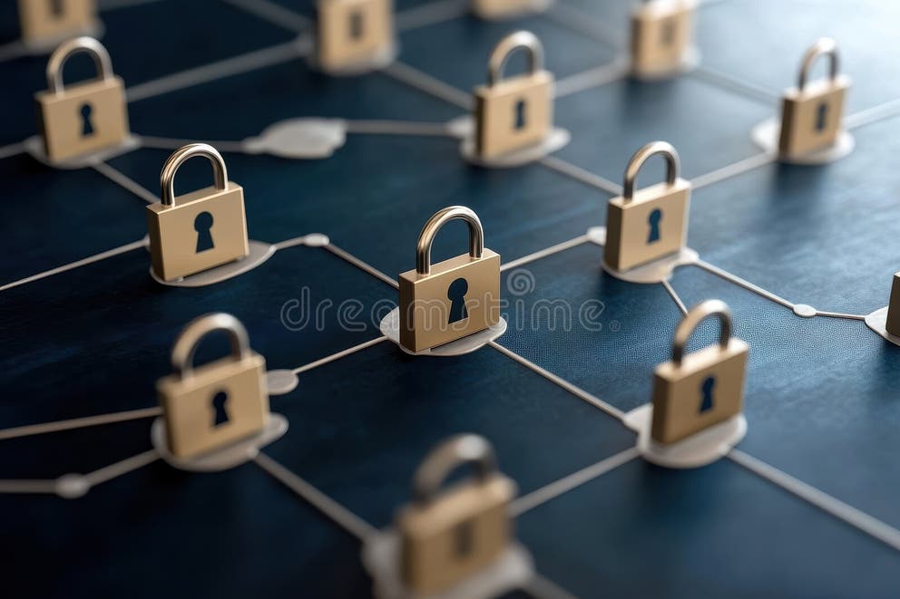 Digital Illustration of Secured Network with Locks and Nodes in 3D ...