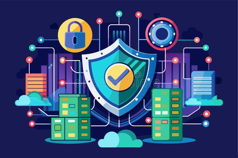 A Digital Illustration Showcases Data Security with a Shield, Buildings ...
