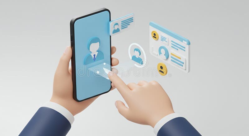 Hand Interacting with Digital Profiles on Smartphone in 3D Illustration ...