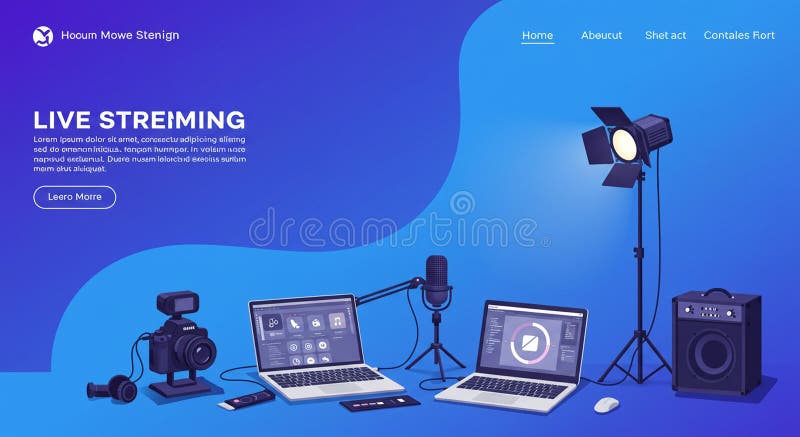 A Digital Illustration Showcases a Live Streaming Setup on a Blue ...