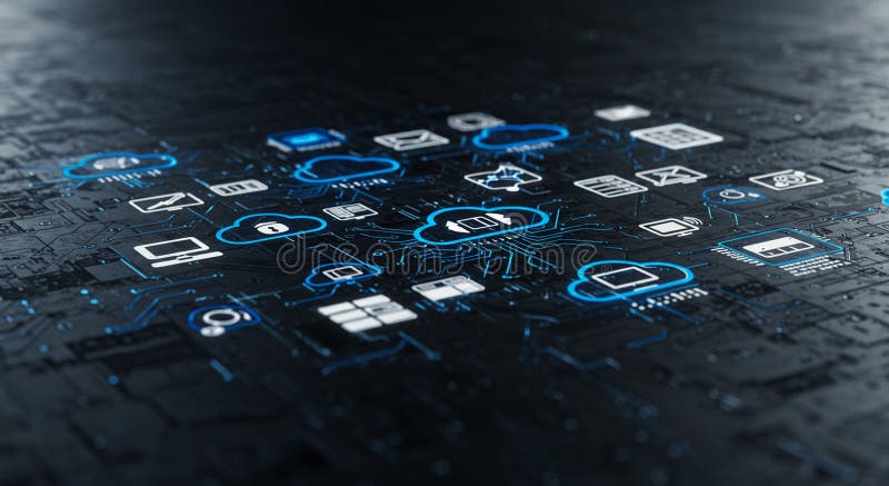 A Digital Illustration Showcases a Network of Cloud Computing and Technology Icons Stock ...