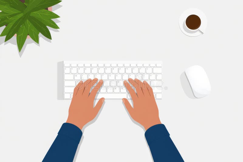 Desk Workspace with Keyboard, Coffee, Smartphone, and Hands Typing Top ...