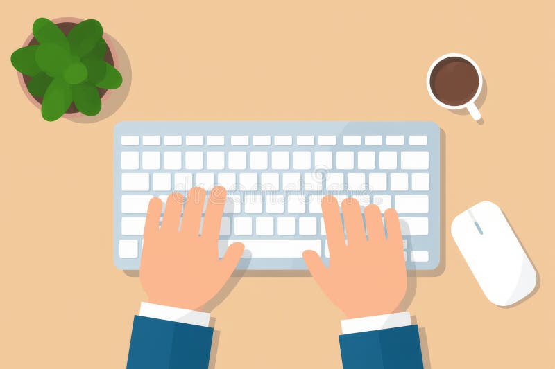 Desk Workspace with Keyboard, Coffee, Smartphone, and Hands Typing Top ...