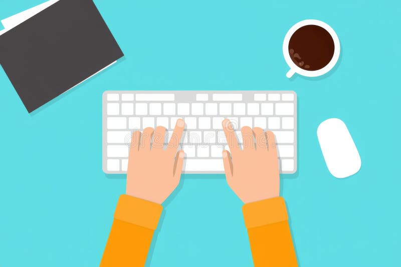Desk Workspace with Keyboard, Coffee, Smartphone, and Hands Typing Top ...