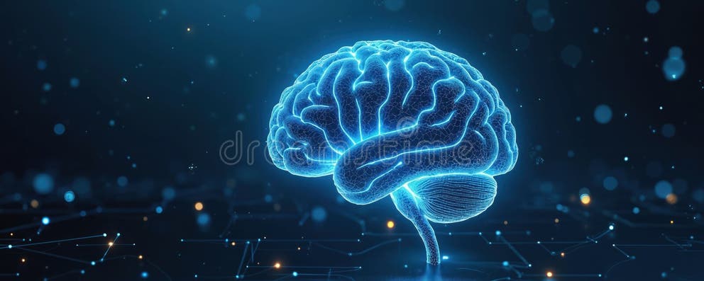 Digital Illustration Shows Glowing Blue Human Brain on Dark Background ...