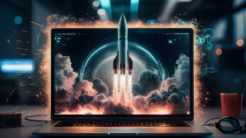 Launching Space Rocket from Laptop Screen, Generative AI Stock ...