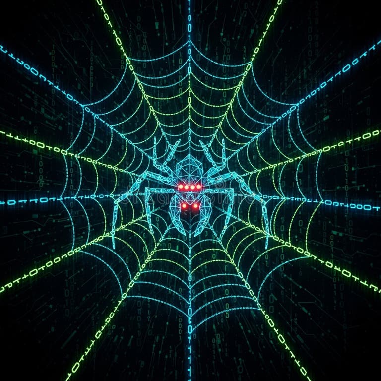 A Digital Illustration of a Spider Web Formed by Binary Code, Featuring a Central Spider with a ...