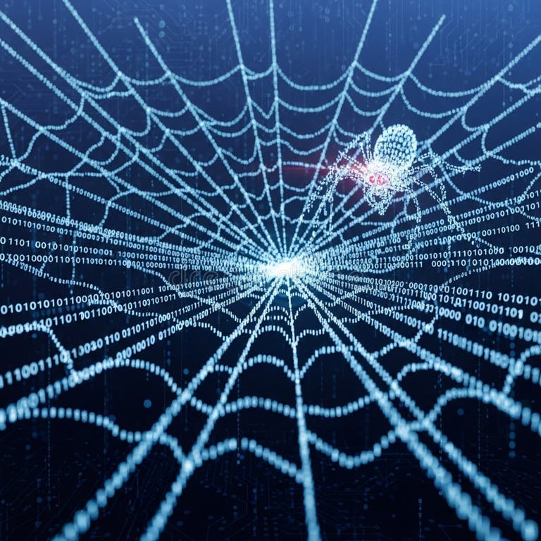 A Digital Illustration of a Spider Web Formed by Binary Code (0s and 1s), Symbolizing Stock ...