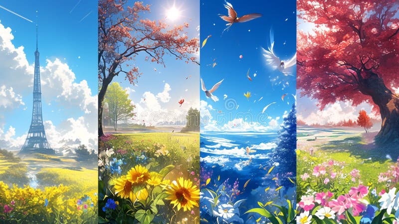 Springtime Scenes with Eiffel Tower and Birds Stock Illustration ...