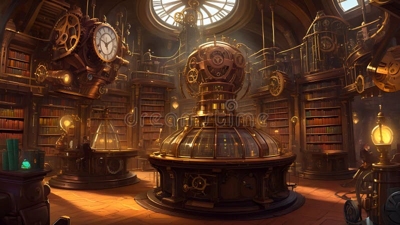 A Digital Illustration of a Steampunk Library with Clockwork Machines ...