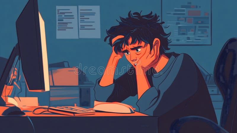 Stressed Man Working at Computer Illustration Stock Illustration ...