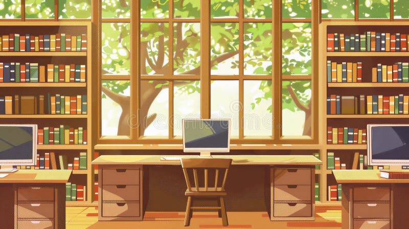 A Digital Illustration of a Student Library Desk with a Computer and ...