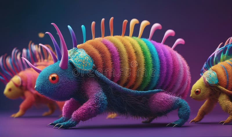 A Brightly Colored, Fuzzy Creature Walks on a Purple Background Stock ...