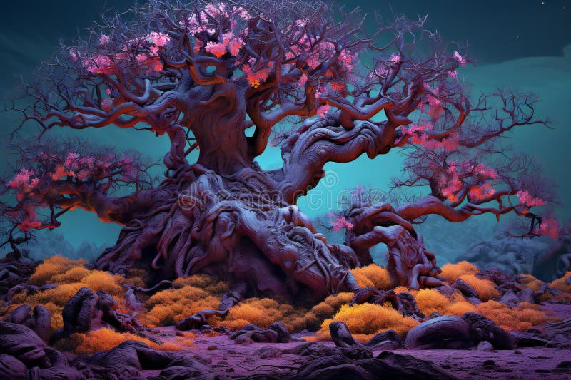 Digital Illustration of a Tree in a Fantasy Landscape with Flowers ...
