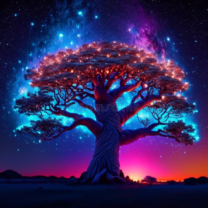 Digital Illustration of a Tree in the Night Sky with Stars in the ...