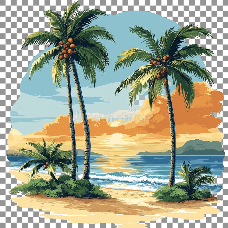 A Digital Illustration of a Tropical Beach Scene with Three Tall Palm ...