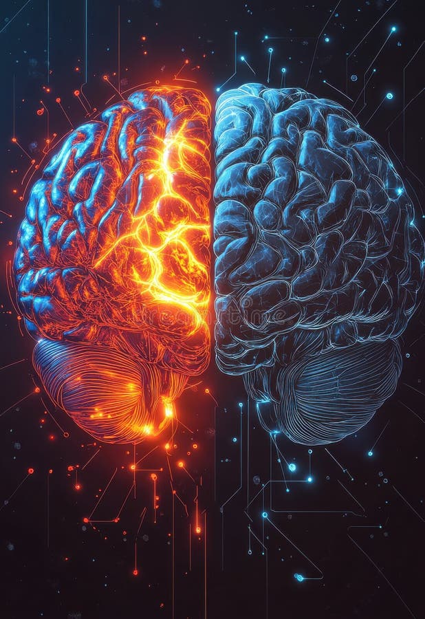 Digital Illustration of Two Brains Connected by Vibrant Circuits and ...