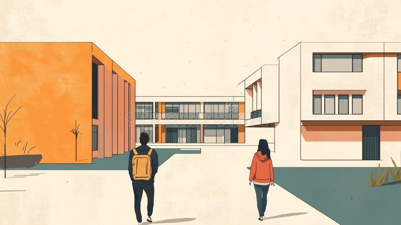 Digital Illustration of Two University Students Walking on a Modern ...