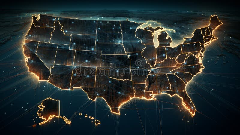 Digital Illustration of the United States Map with Glowing Network ...