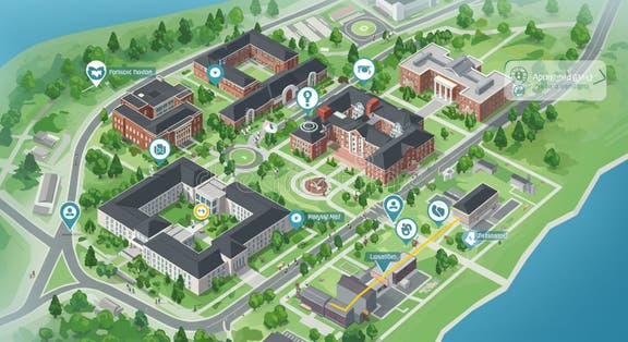 A Digital Illustration of a University Campus Map Featuring Several ...