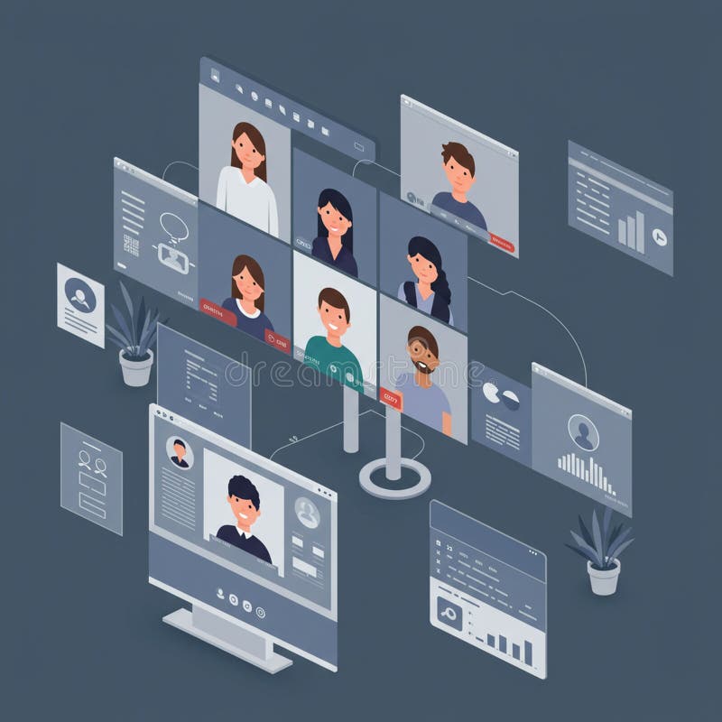 Digital Illustration of a Virtual Meeting Interface Showing Multiple ...