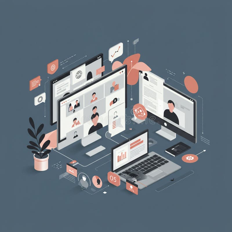 Digital Illustration of a Virtual Workspace Setup Features Multiple ...