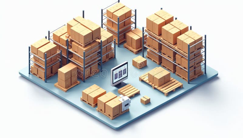 Digital Illustration of Warehouse with Stacked Boxes, Pallets, Computer ...