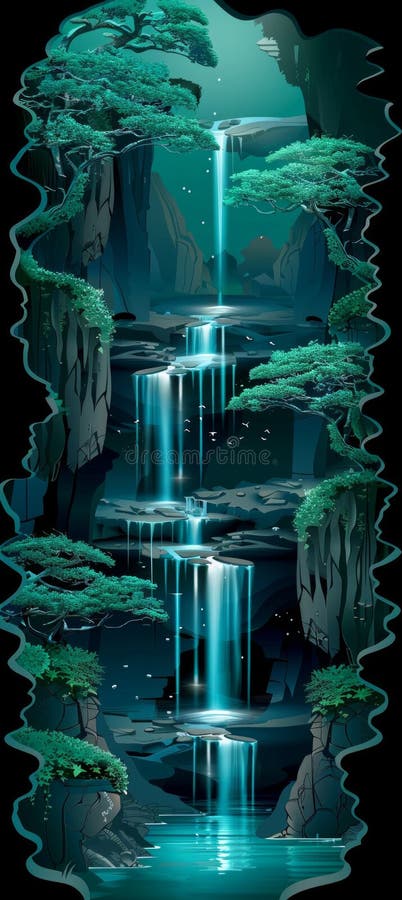Digital Illustration of a Waterfall Flowing through a Dense Forest ...