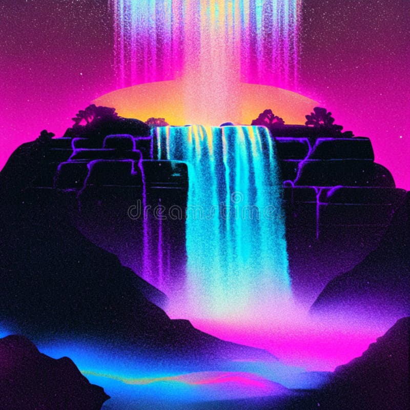 Digital Illustration of a Waterfall in Neon Light with Mountains in the ...