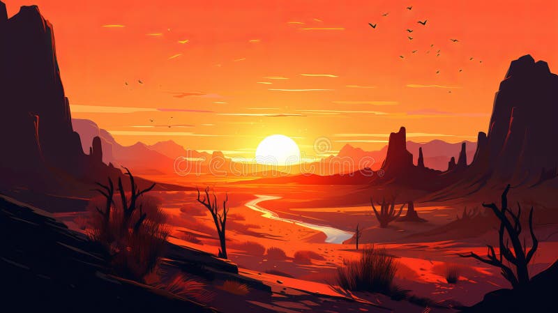 Digital Illustration of Western Desert Landscape Sunset Stock ...