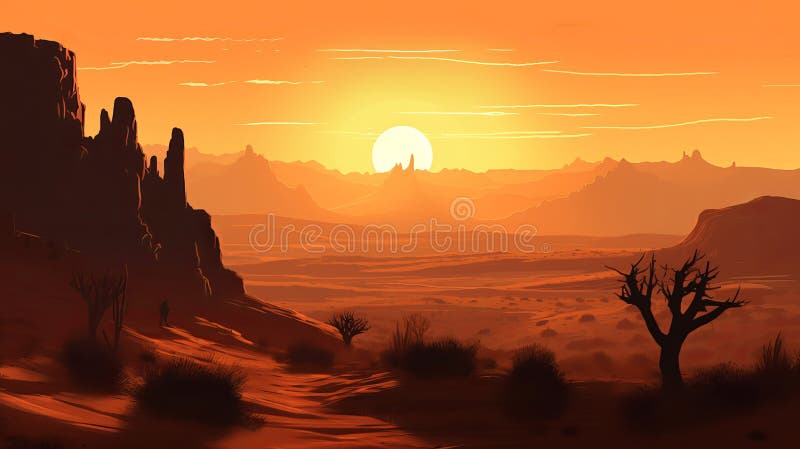 Digital Illustration of Western Desert Landscape Sunset Stock ...